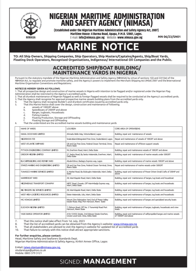 NIMASA releases list of accredited ship building, maintenance yards in ...